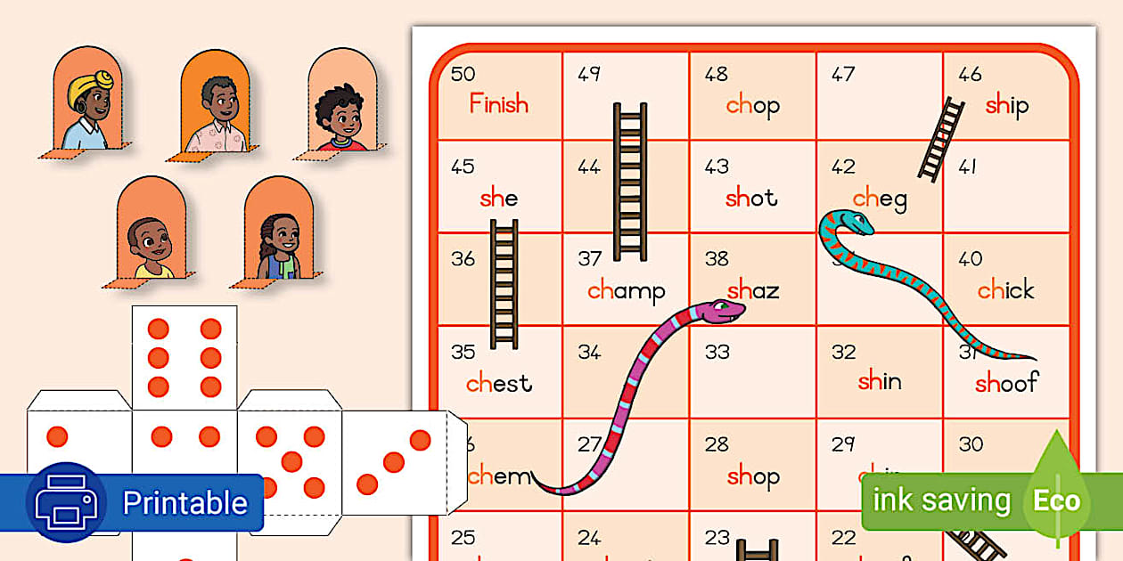 Grade 1 Phonics: ch- and sh- Snakes and Ladders - Twinkl