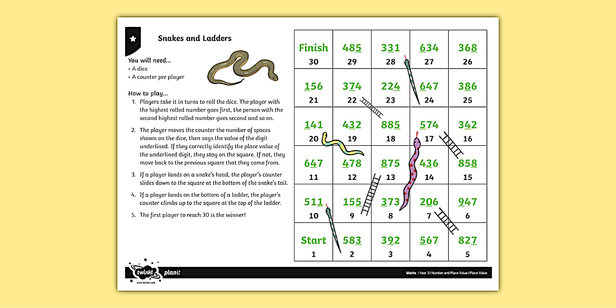 PlanIt Maths Y3 Number and Place Value Snakes and Ladders Home Learning ...