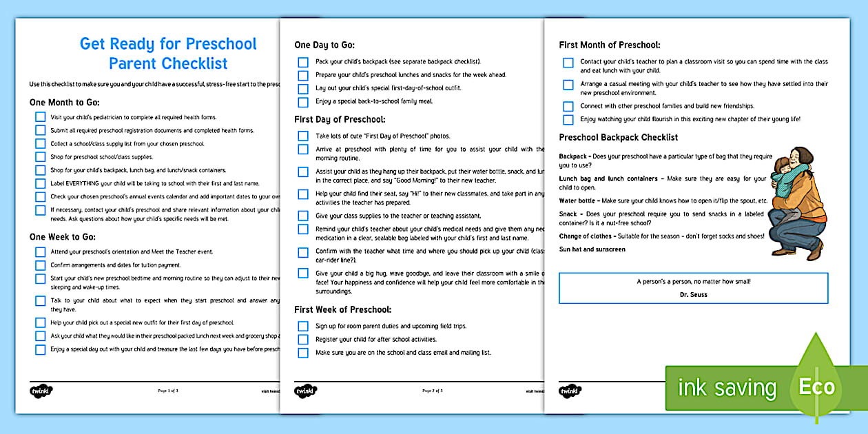 Black and White Get Ready for Preschool Parent Checklist