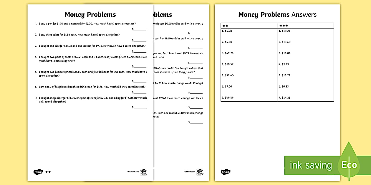 SA Money Word Problems Worksheet (teacher made) - Twinkl