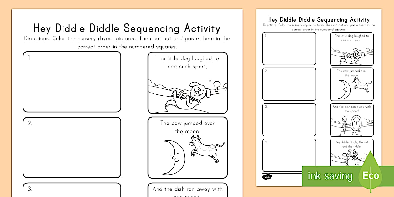 Hey Diddle Diddle Nursery Rhyme Sequencing Worksheet - ELA - Twinkl