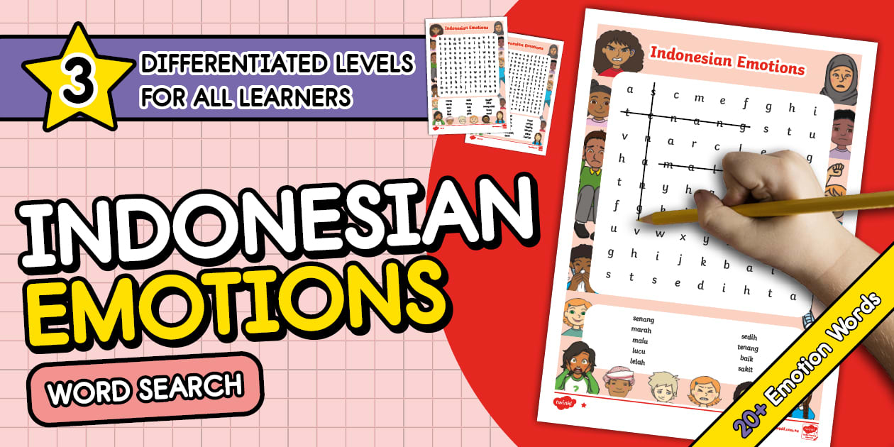 Indonesian Emotions Word Search Differentiated Find a Word