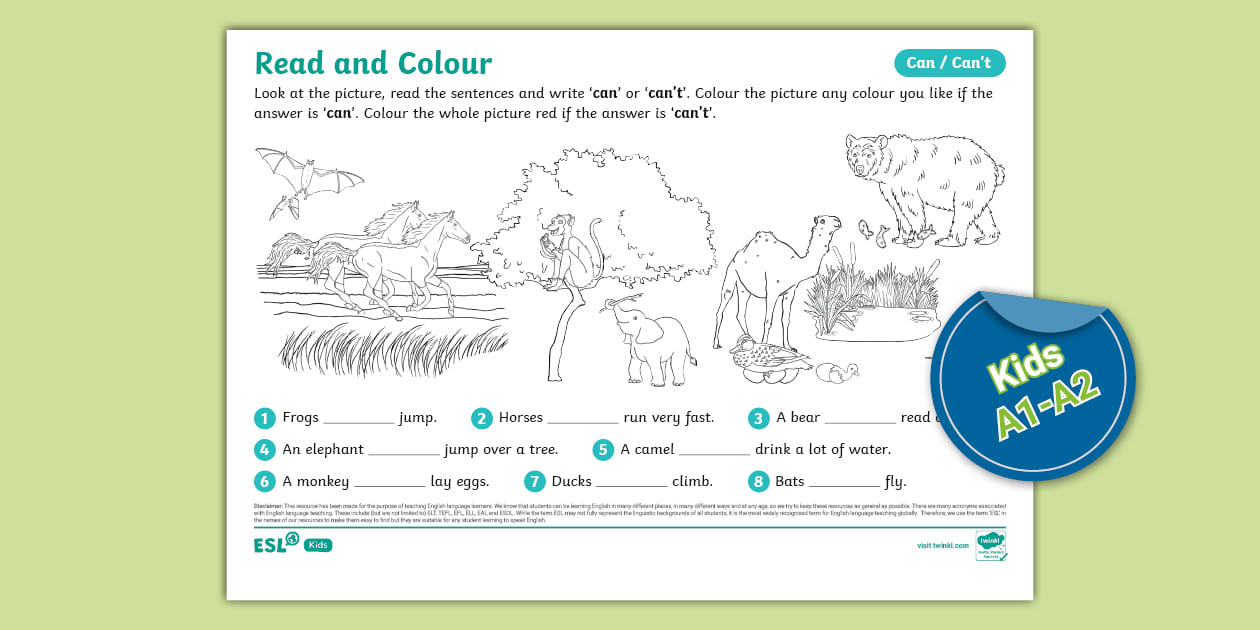 ESL Can / Can't Read and Colour [Kids, A1-A2] (teacher made)