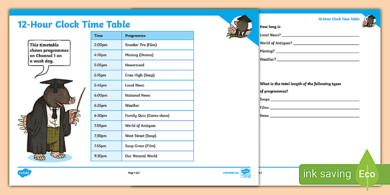 12 Hour Clock Time Table (teacher made) - Twinkl