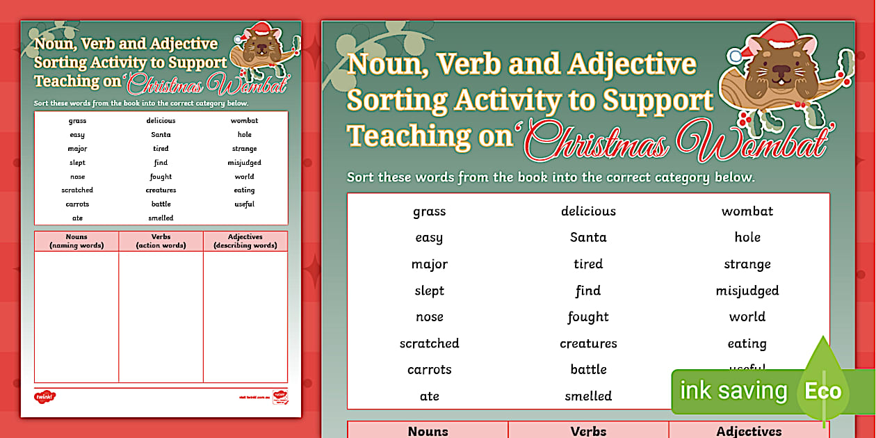 Noun, Verb and Adjective Sorting Activity to Support Teaching on 'Christmas