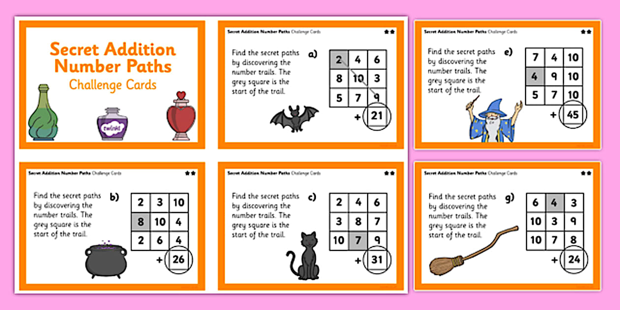 Secret Addition Number Paths Challenge Cards Magic Theme