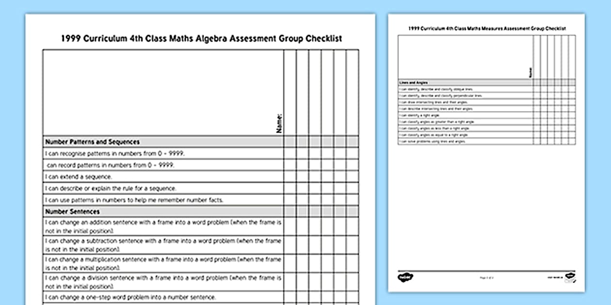 1999 Curriculum 4th Class Maths Algebra Assessment Group Checklist