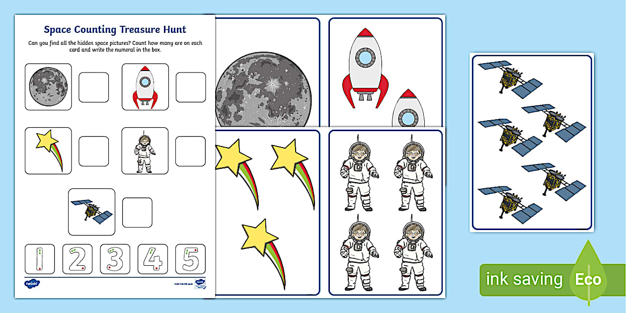 👉 Space Numbers 1-5 Counting Treasure Hunt (teacher made)
