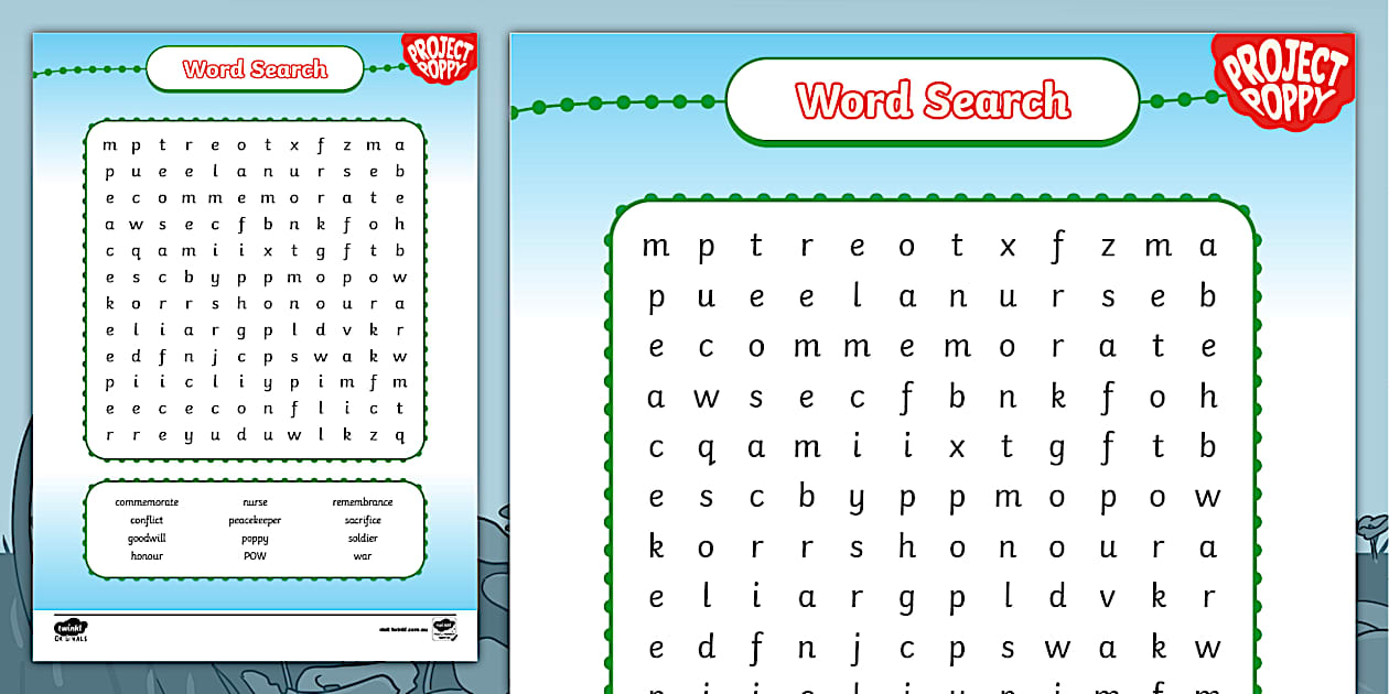 Project Poppy – Word Search - Remembrance Day - Twinkl
