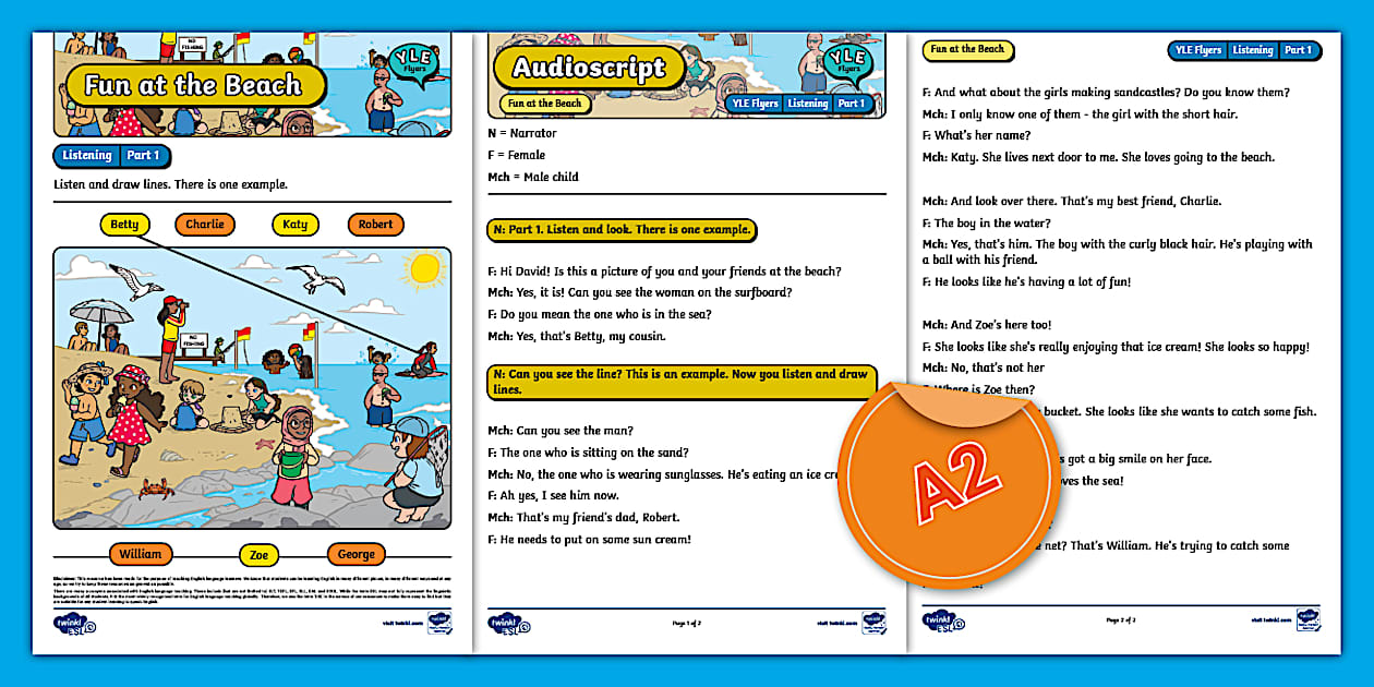 YLE A2 Flyers Listening Part 1 Practice - Fun at the Beach!