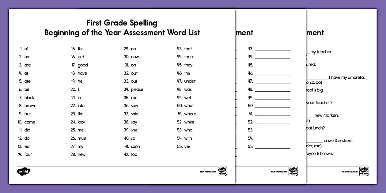 First Grade Beginning of the Year Spelling Assessment