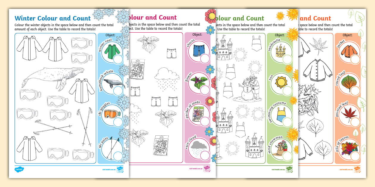 Seasons Colour and Count Worksheets (Teacher-Made) - Twinkl