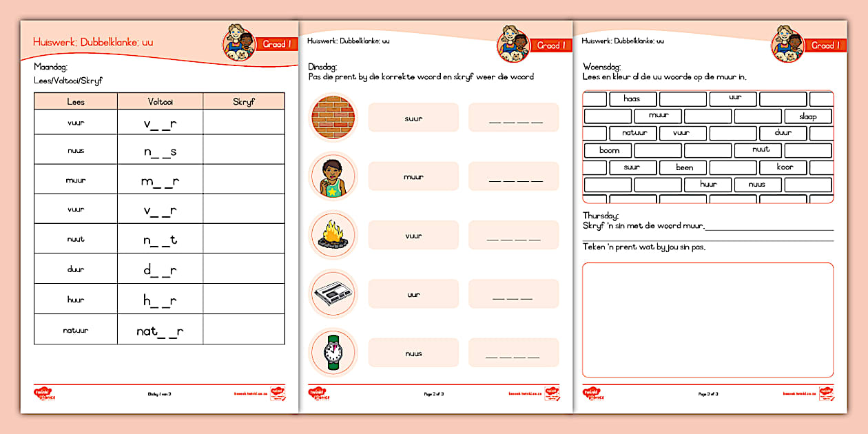 Graad 1 Klanke Huiswerk uu (Hecho por educadores) - Twinkl