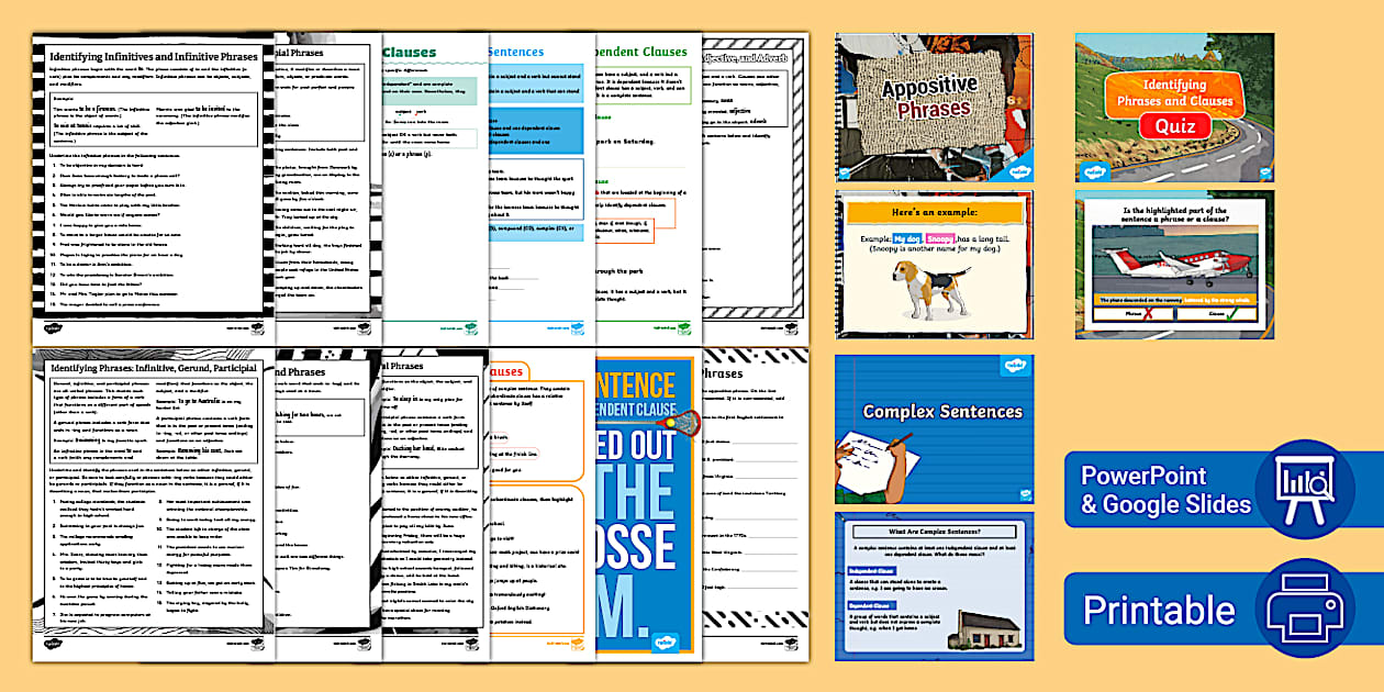 Phrases and Clauses Activity Pack for 6th-8th Grade - Twinkl