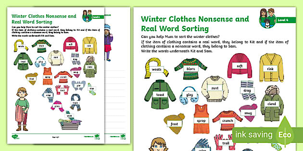Phonics Level 4 Winter Clothes Nonsense and Real Word Sorting