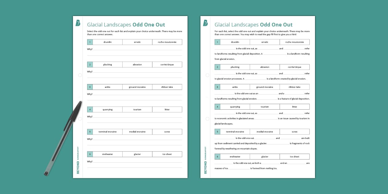 Glacial Landscapes: Odd One Out Worksheet (teacher made)