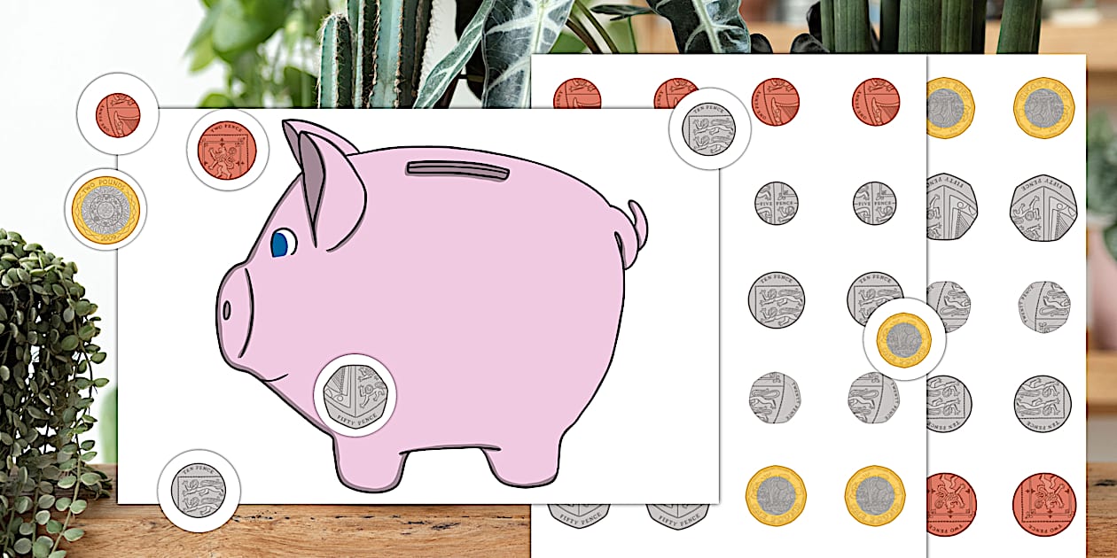 Money Counting Pounds and Pence Piggy Bank Sticker Activity