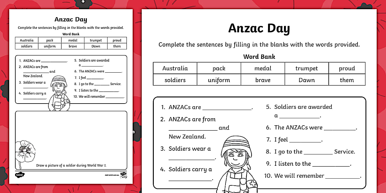 Anzac Day Cloze Worksheet (teacher made) - Twinkl