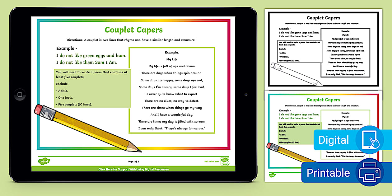 Eighth Grade Couplet Capers Poetry Writing Worksheet