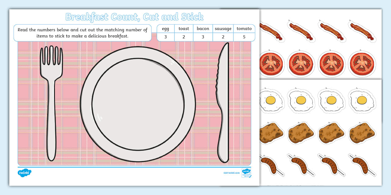 👉 Breakfast Count, Cut and Stick Worksheet - Twinkl