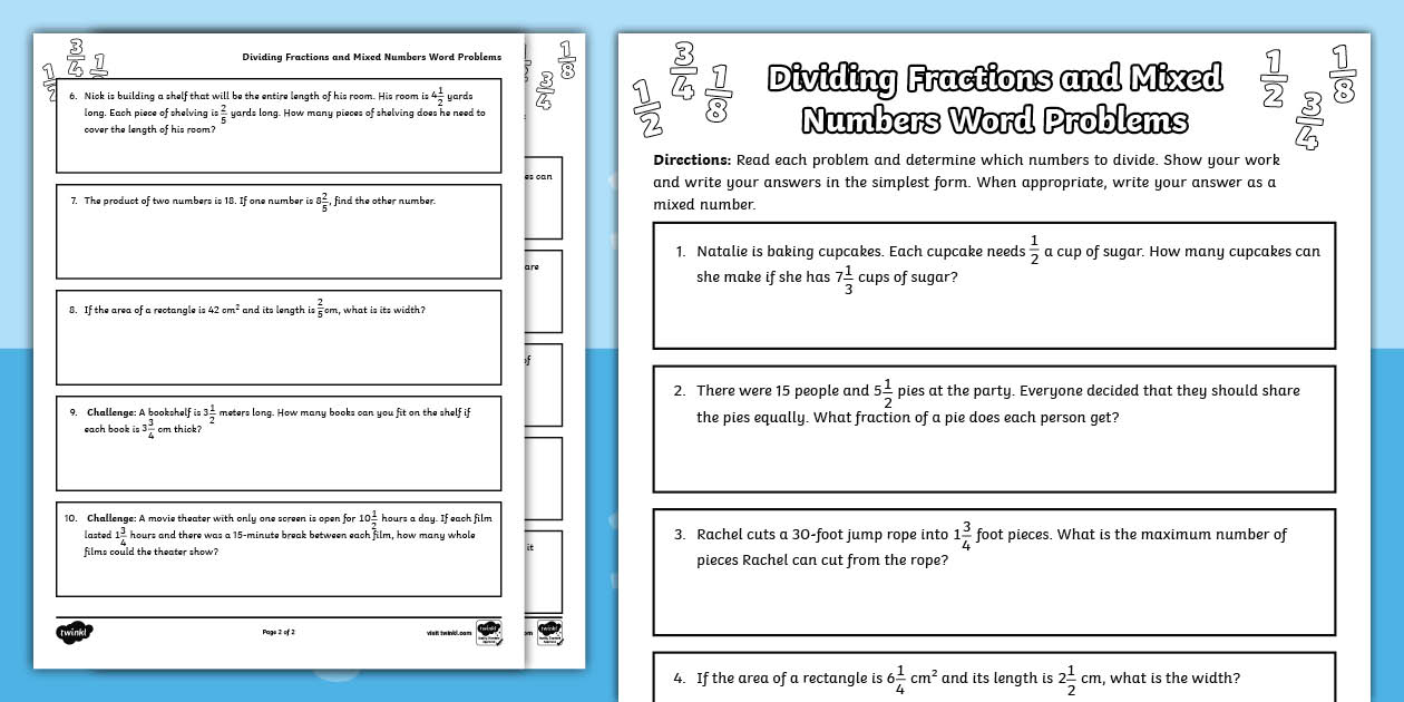 Sixth Grade Dividing Fractions and Mixed Numbers Word Problems