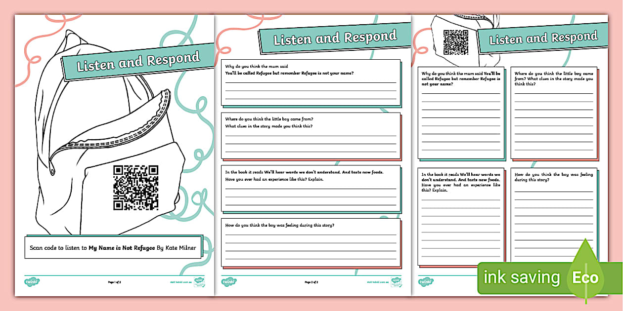 Listen and Respond My Name Is Not Refugee Worksheet | Twinkl