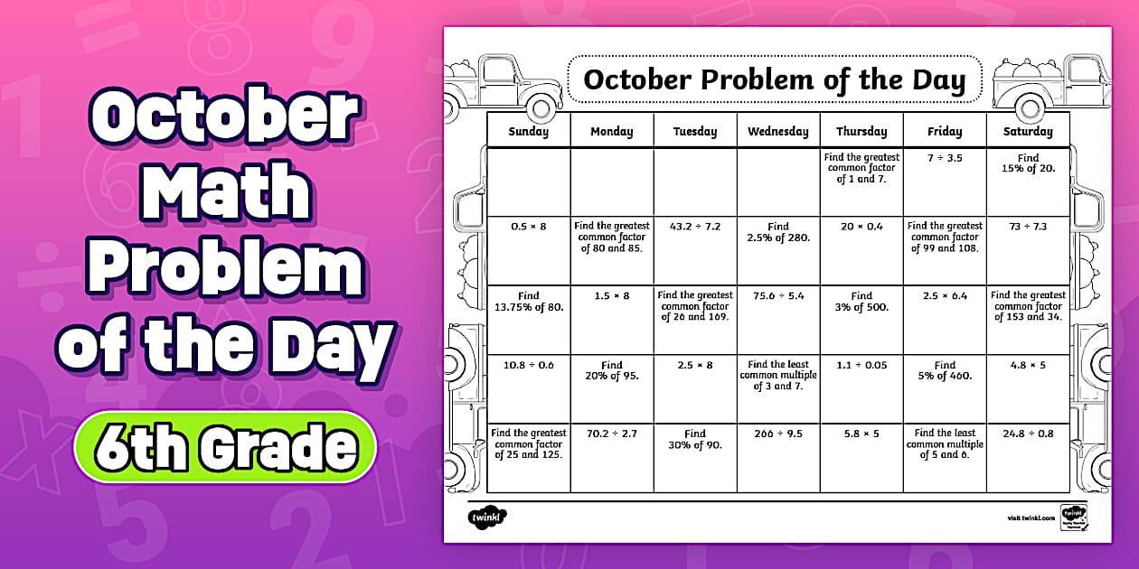 Sixth Grade 2025 Math Problem of the Day October Calendar