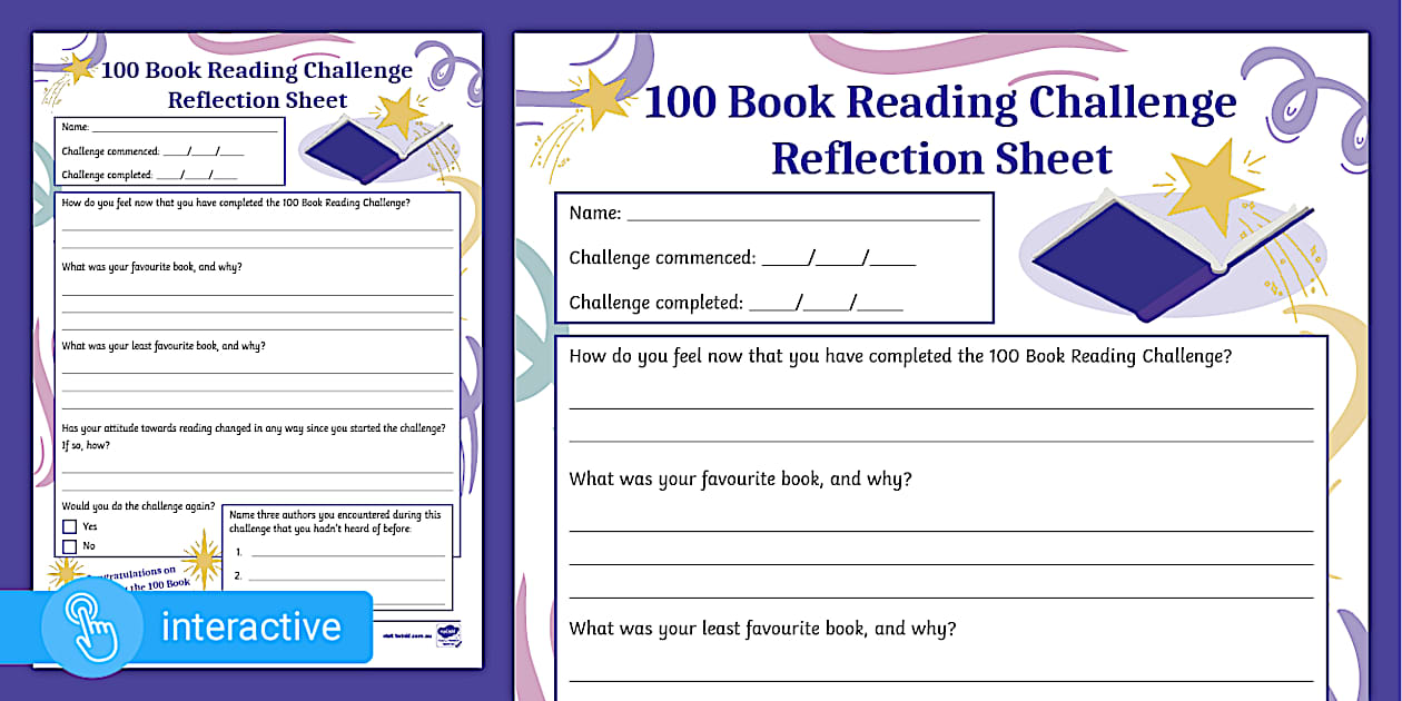 100 Book Reading Challenge Reflection Sheet (teacher made)