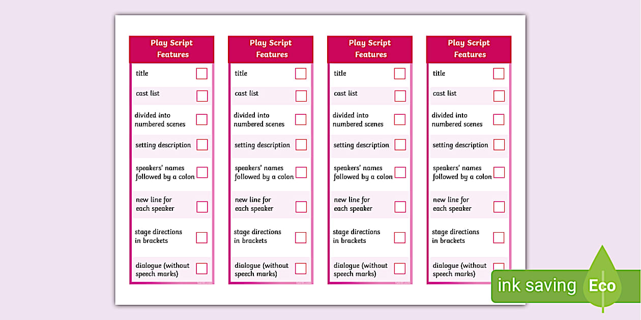 Features of a Play Script Bookmarks (Teacher-Made) - Twinkl