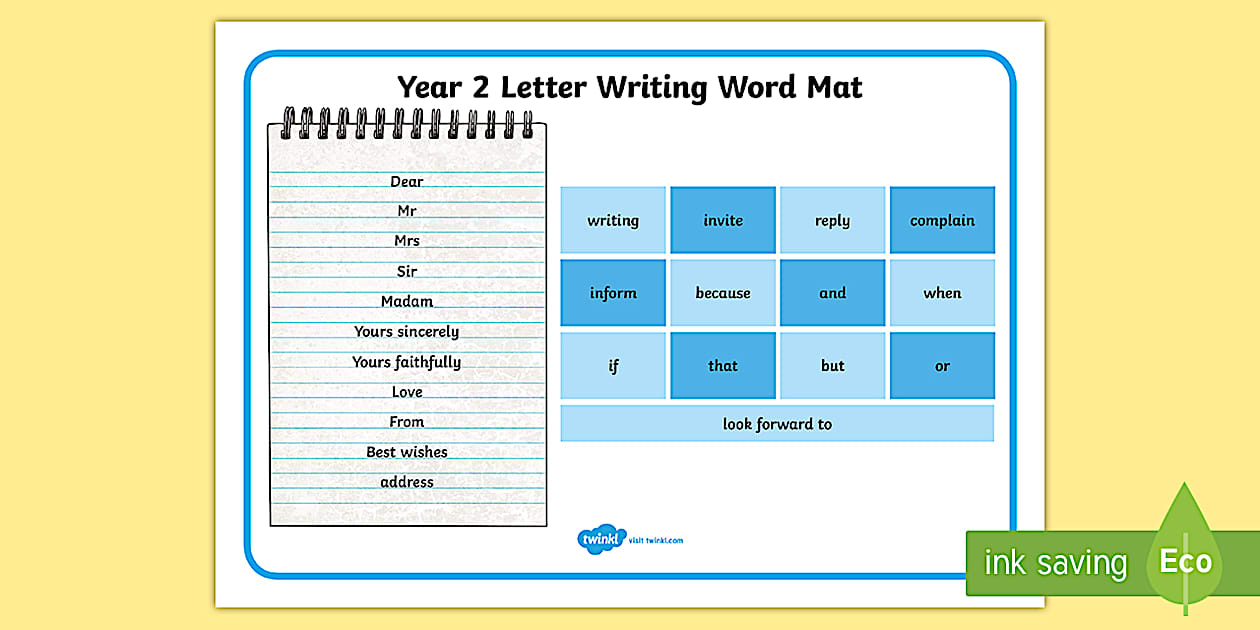 Year 2 Letter Writing Word Mat (teacher made) - Twinkl