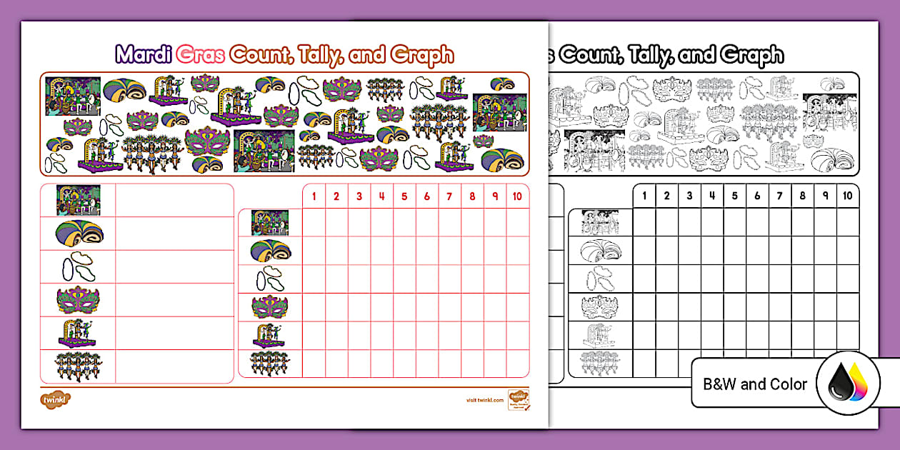 First Grade Mardi Gras Count, Tally, and Graph Worksheet