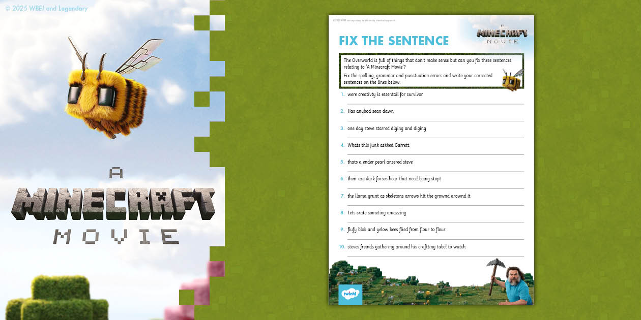 FREE! - A Minecraft Movie: Fix the Sentence Activity [Ages 7-9]