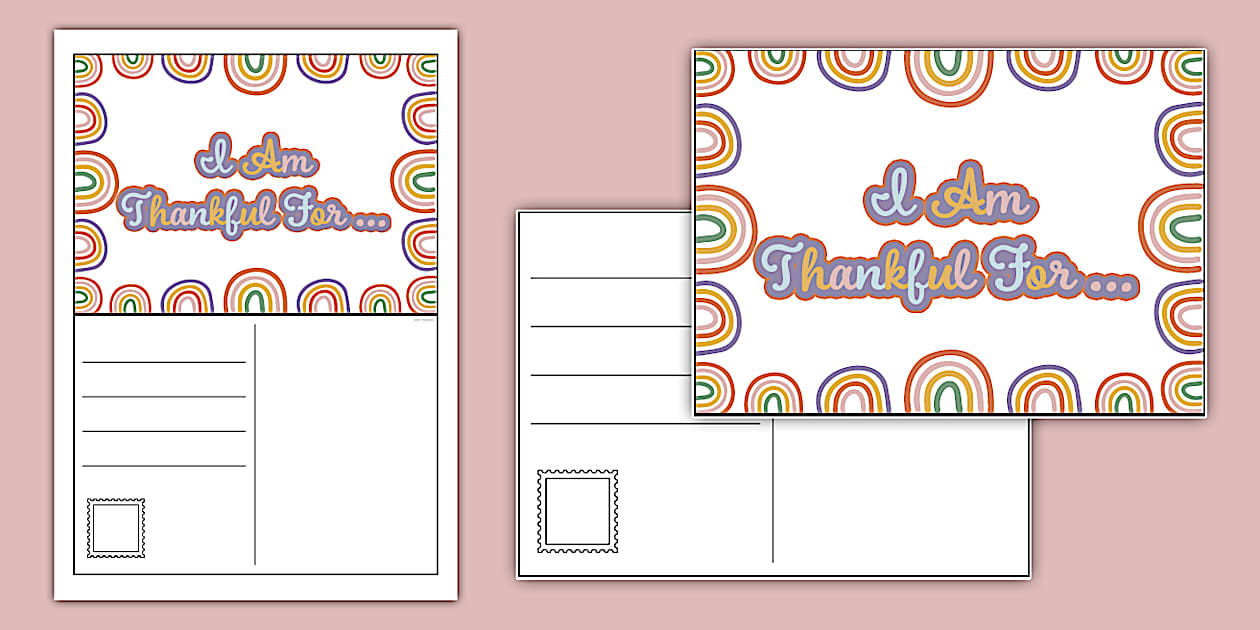 Muted Rainbow Themed I Am Thankful For... Postcards - Twinkl