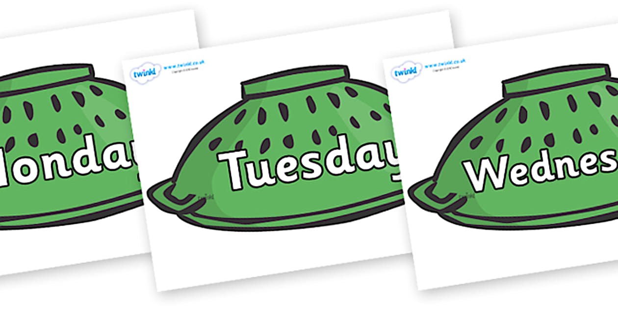 Cursive Days of the Week on Colander Helmets (teacher made)