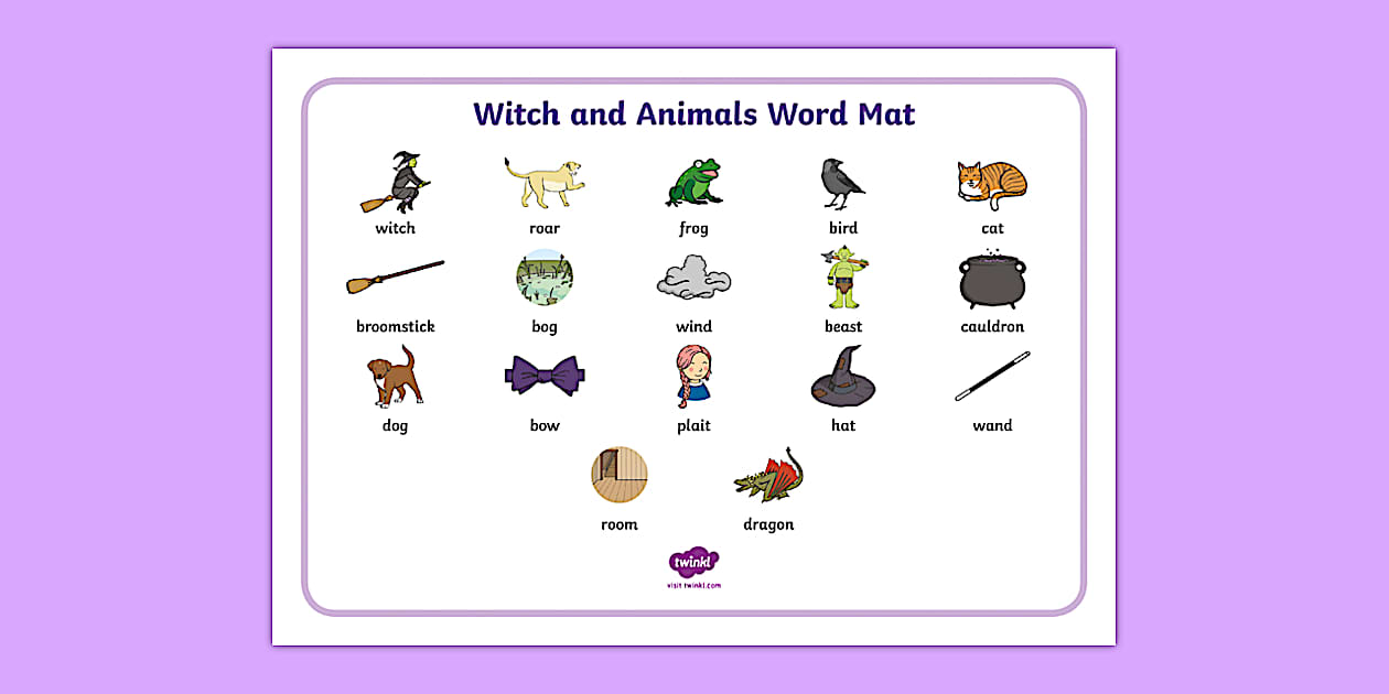 Cursive Witch and Animals Word Mat (teacher made) - Twinkl