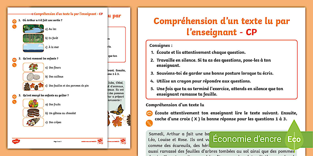 Compréhension d'un texte lu par l'enseignant - CP