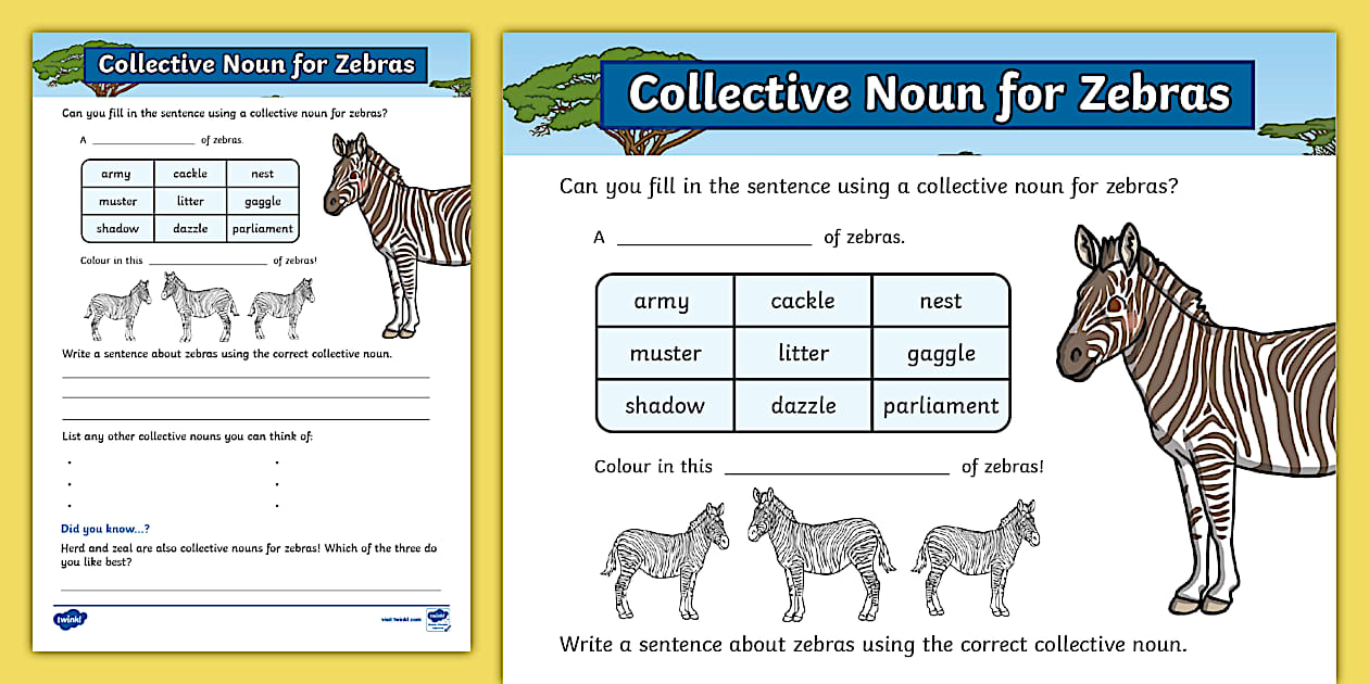 Collective Name for Zebras Worksheet - Twinkl
