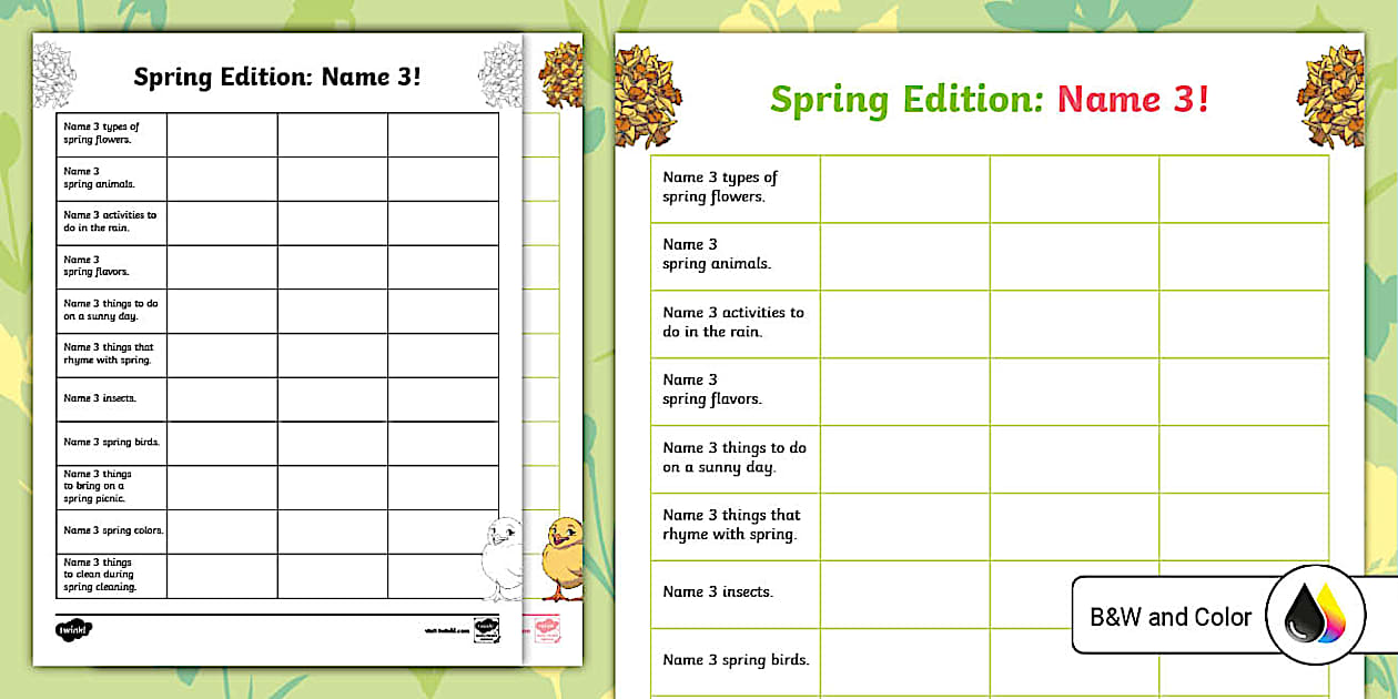Spring Edition: Name 3 Game for 3rd-5th Grade (teacher made)