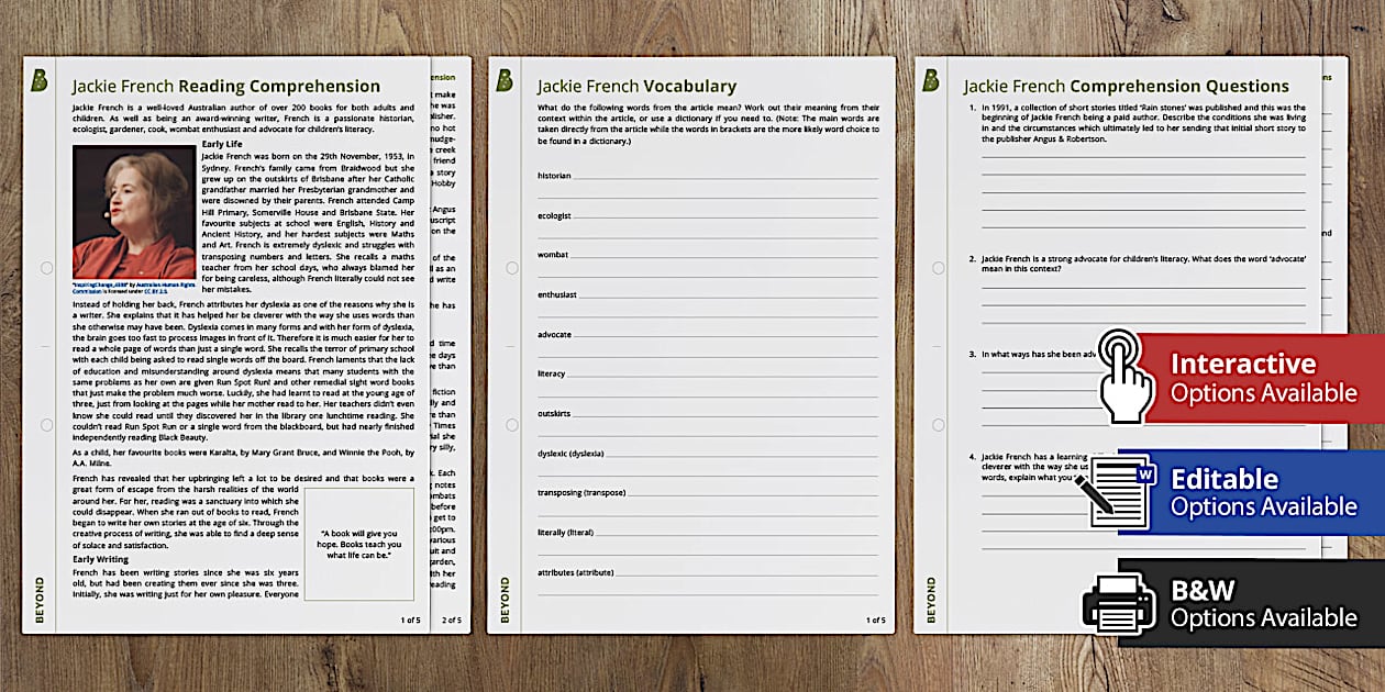 Differentiated Jackie French Reading Comprehension - Beyond