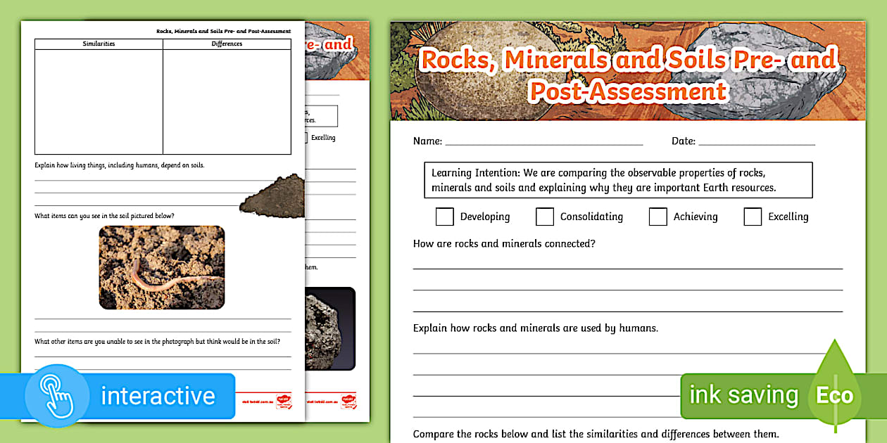 Rocks, Minerals and Soils Pre- and Post-Assessment | Year 3 Rocks, Minerals and Soils Pre- and Post-Assessment | Year 3
