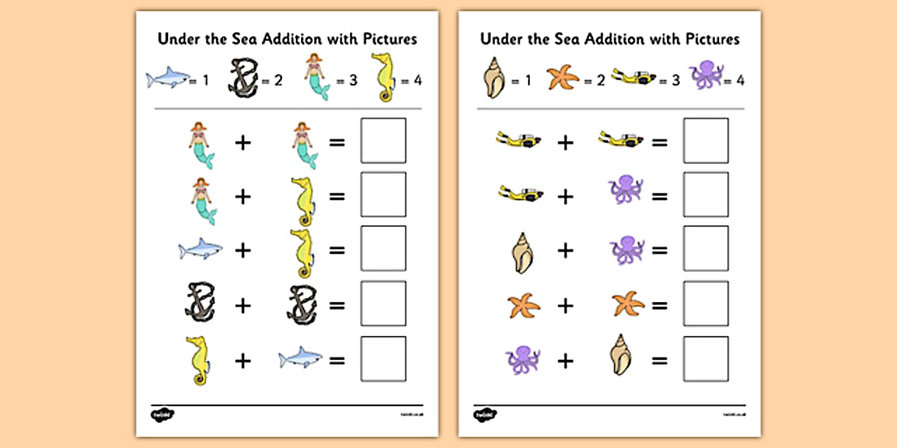Under the Sea Themed Addition with Pictures Worksheet / Worksheet Pack