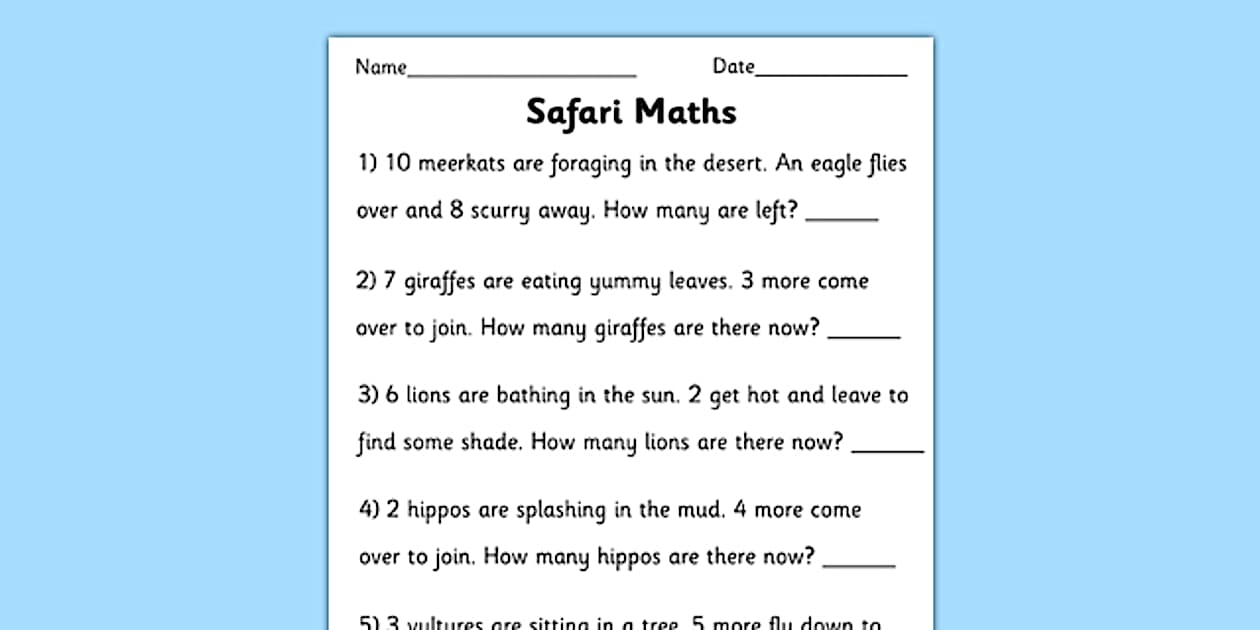 Safari Themed Maths Word Problems Worksheet to 10 - Twinkl