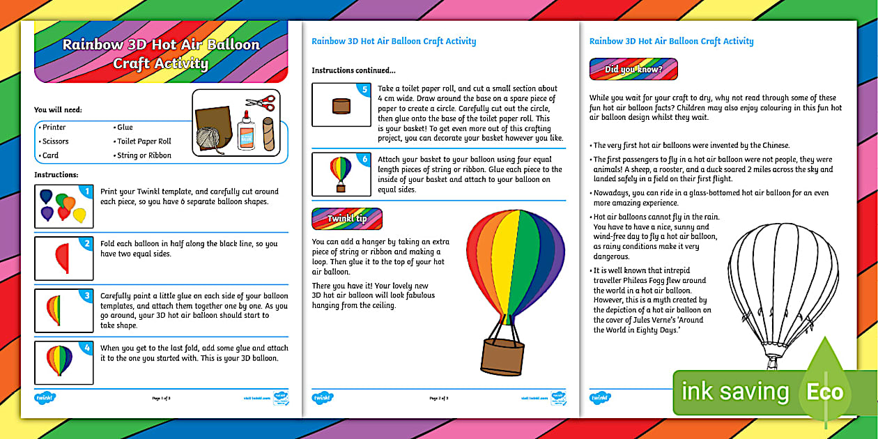 Editable Rainbow 3D Hot Air Balloon Craft Activity - Twinkl