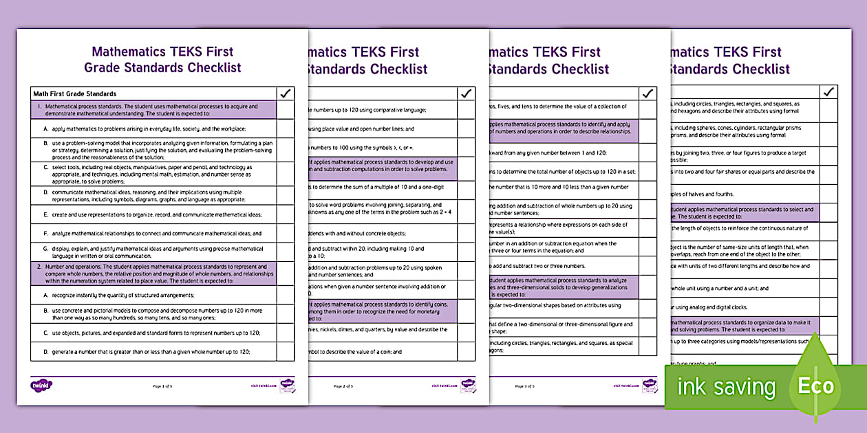 Mathematics TEKS First Grade Standards Checklist - Twinkl