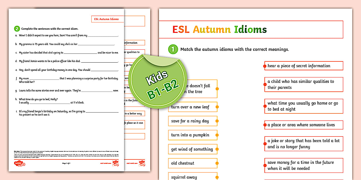 ESL Autumn Idioms Worksheet [Kids, B1-B2] (teacher made)