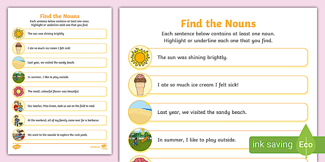 Summer Find the Nouns Worksheet (teacher made) - Twinkl