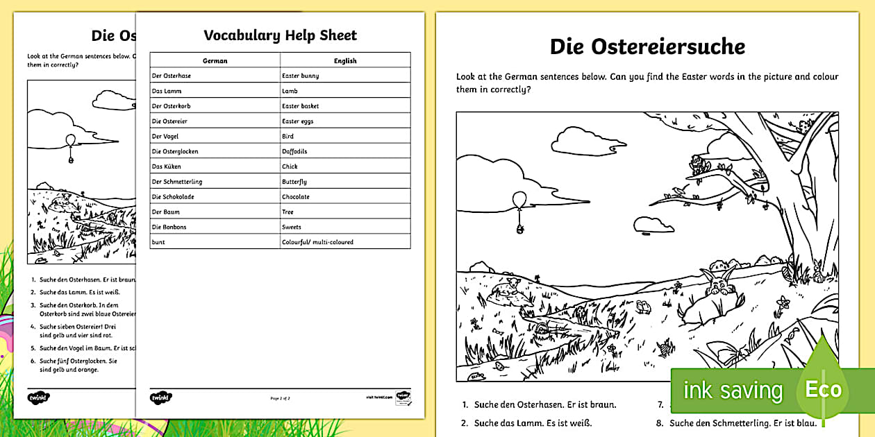 Easter Picture Read, Search and Colour - German Activity Sheet