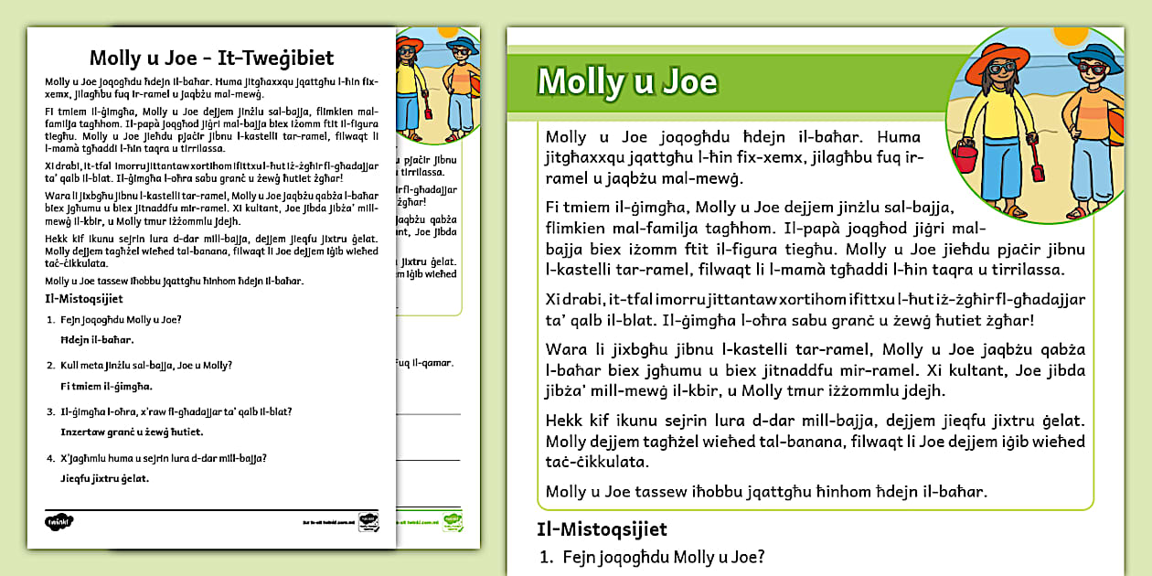 Taħriġ il-Fehem: Molly u Joe (Lehrer gemacht) - Twinkl