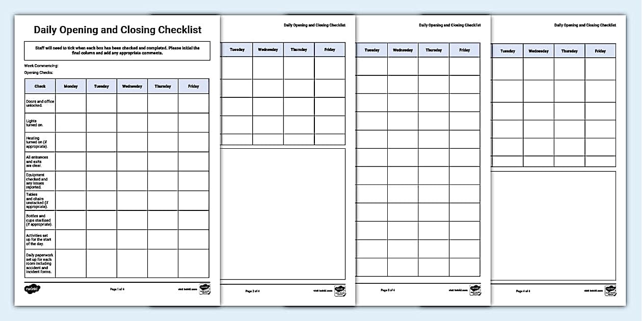 Daily Opening and Closing Checklist for Private Early Years Settings