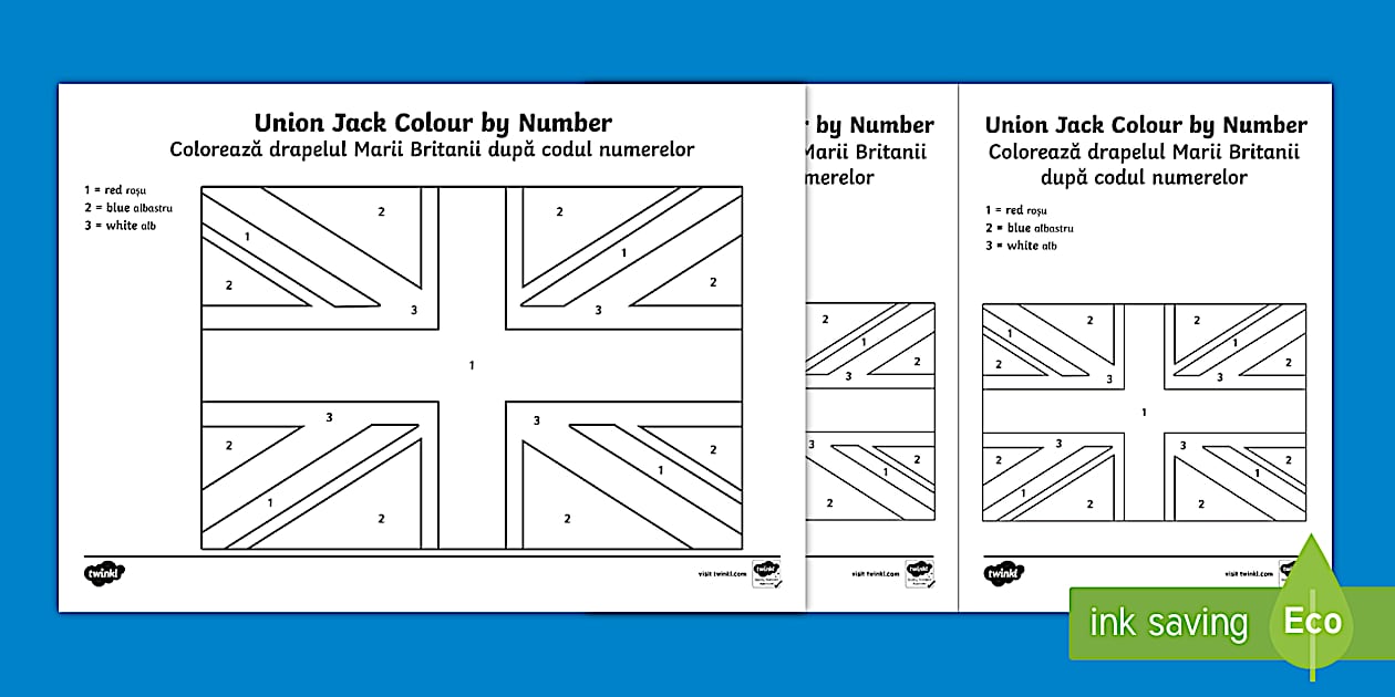 Union Jack Flag Colour by Number Worksheet - English/Romanian